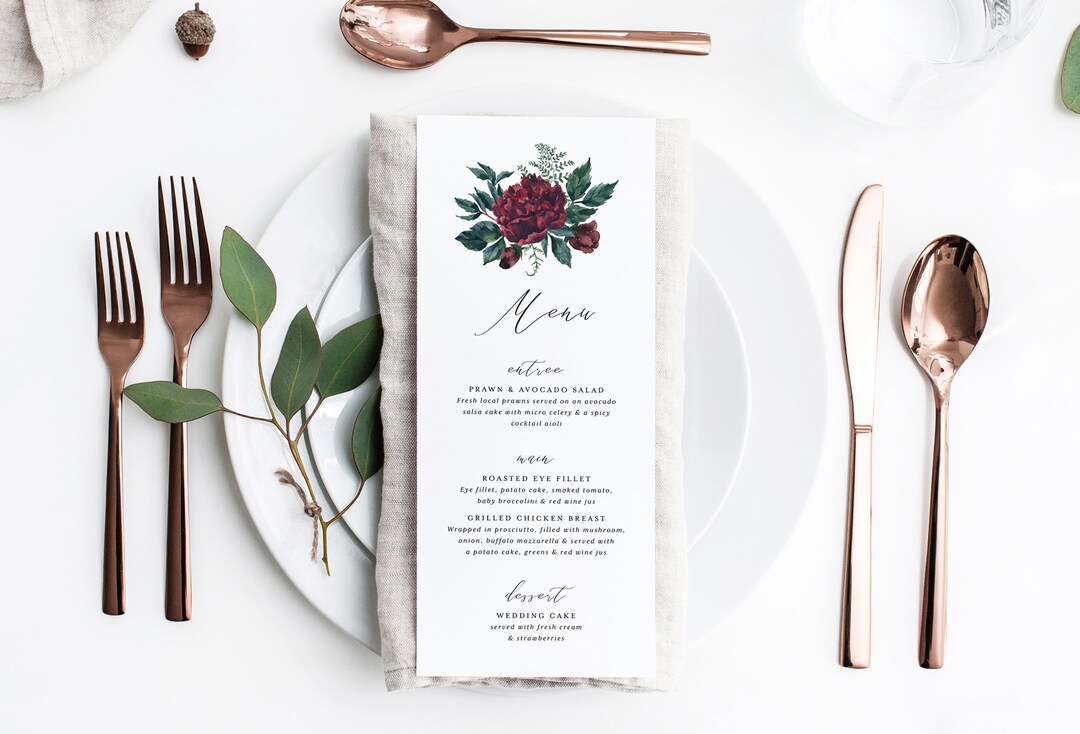 Rustic Woodland Menu Template Printable Floral Fern Burgundy Wedding ...