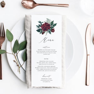 Rustic Woodland Menu Template Printable Floral Fern Burgundy Wedding ...