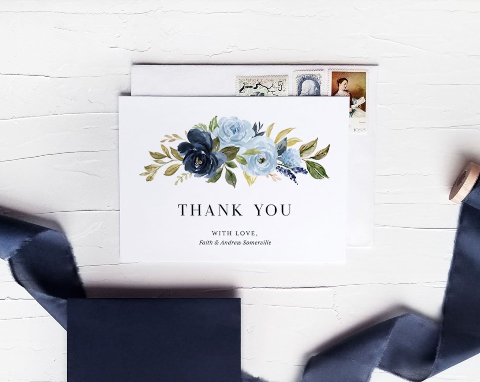 Dusty Blue Wedding Thank You Card Template Folded Flat | Etsy