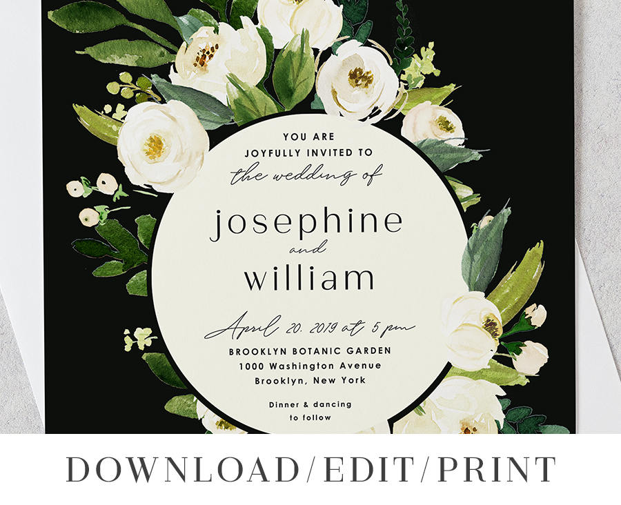 Printable Wedding Invitation Template Set White Floral Dark | Etsy