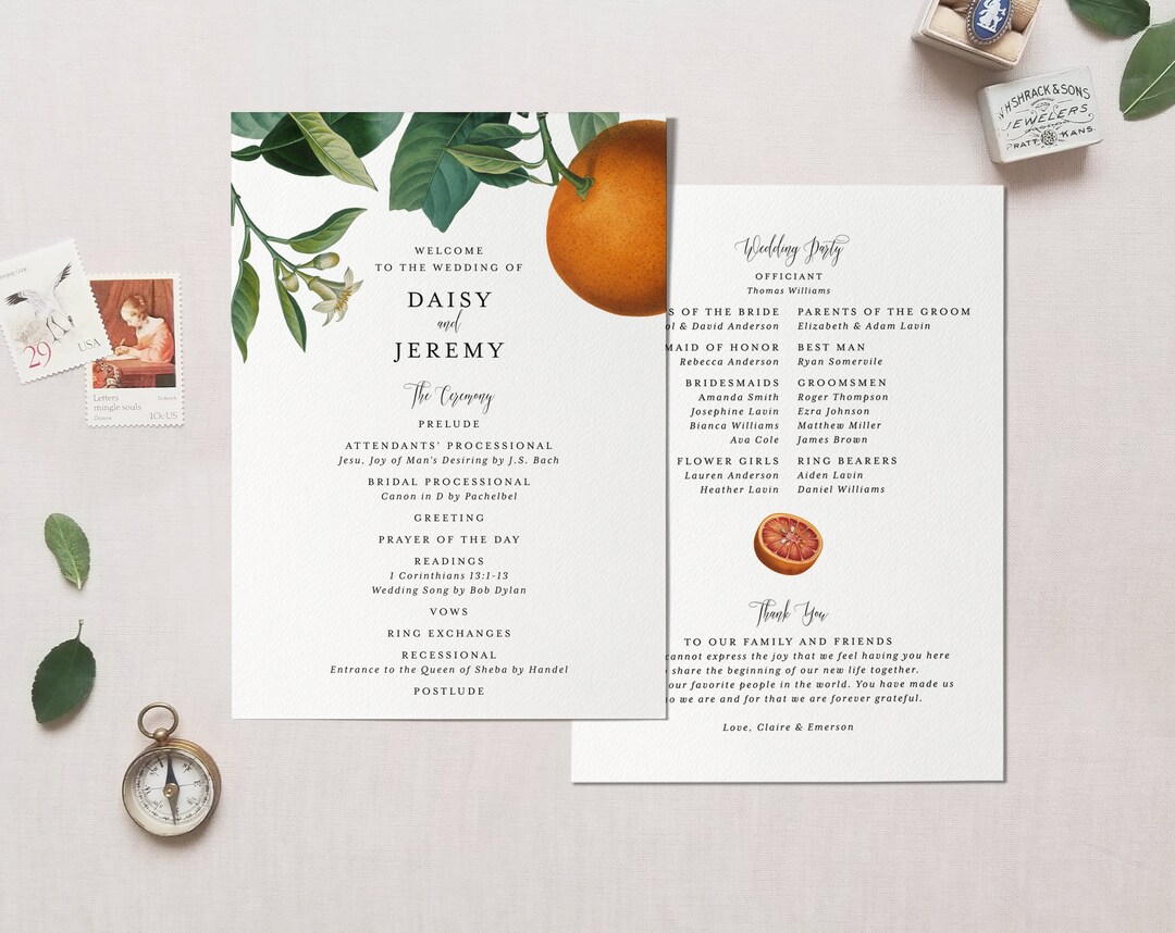 Printable Orange Wedding Program Template Printable Botanical Citrus ...