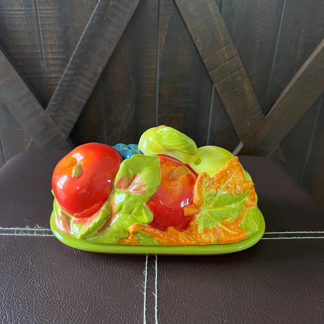 Vintage Fruit Bundle Butter Dish, Apple Grape Pear Ceramic Dish, Fake ...