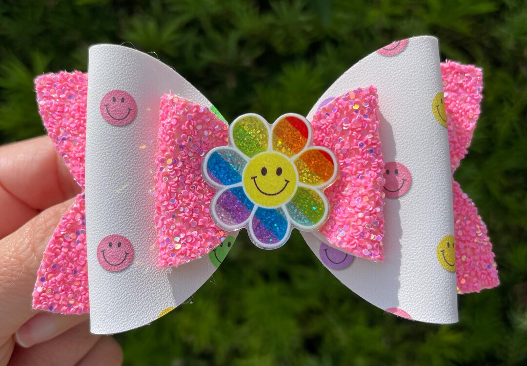 Smiley Face Hair Bow: Pink Vegan Leather Clip With Rainbow Daisy - Etsy