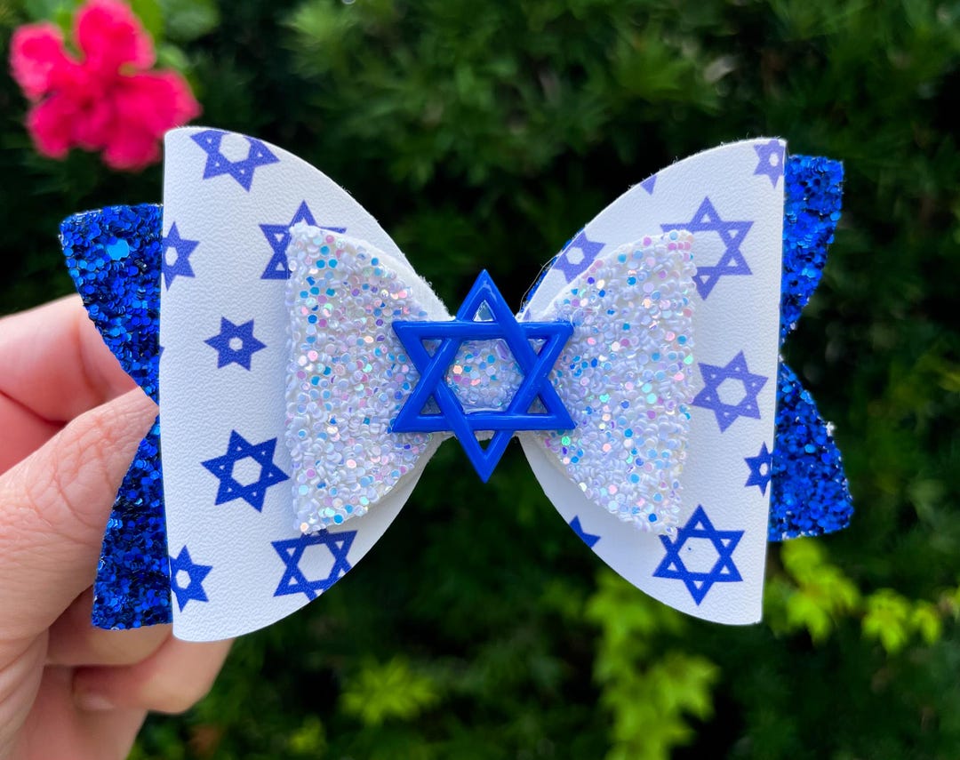 Blue Glitter Hanukkah Hair Bow: Jewish Star Vegan Leather Clip - Etsy
