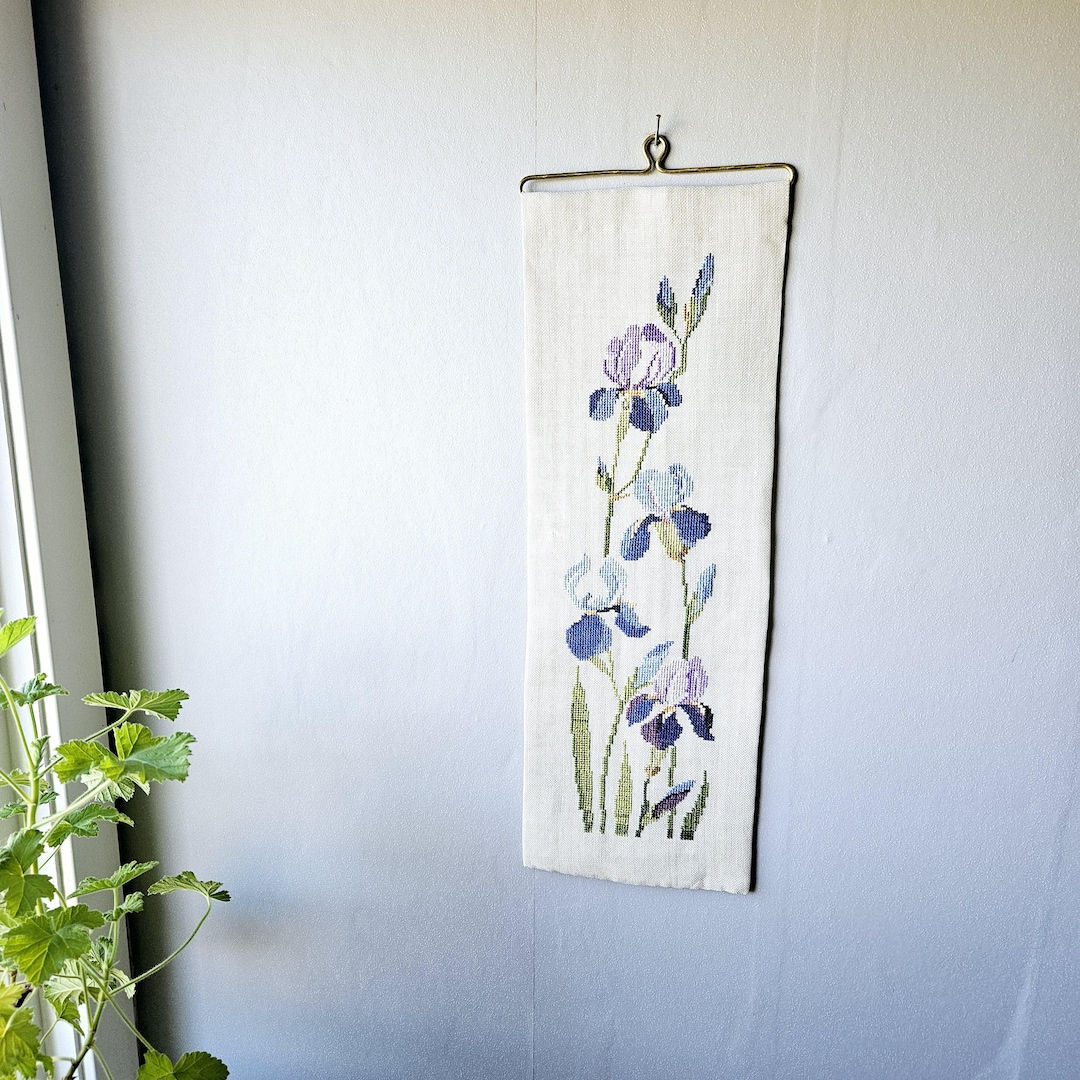 Vintage Cross Stitch Linen Wall Hanging: Iris Floral Embroidery - Etsy