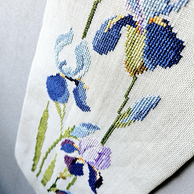 Vintage Cross Stitch Linen Wall Hanging: Iris Floral Embroidery - Etsy