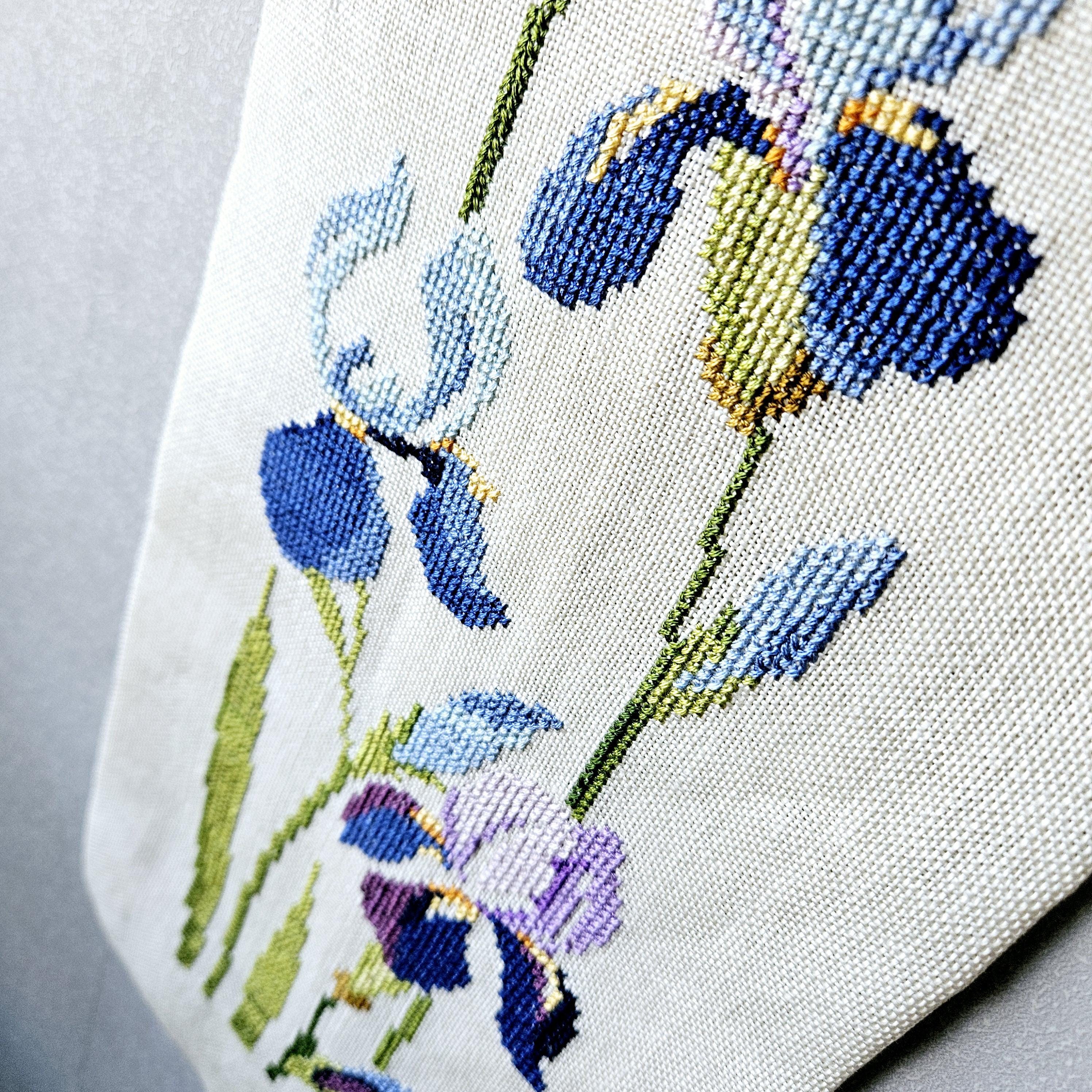 Vintage Cross Stitch Linen Wall Hanging: Iris Floral Embroidery - Etsy