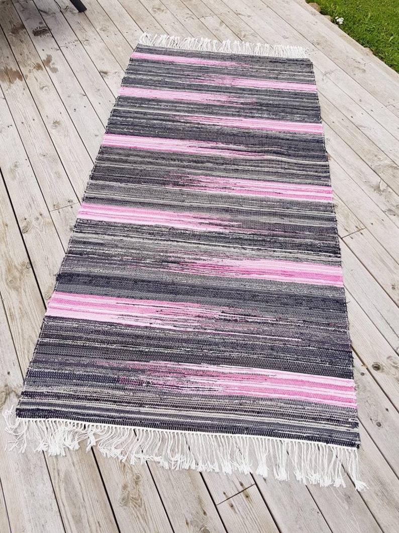 Lovely Swedish Handwoven Black/pink Rag Rug / Carpet / Teppich - Etsy