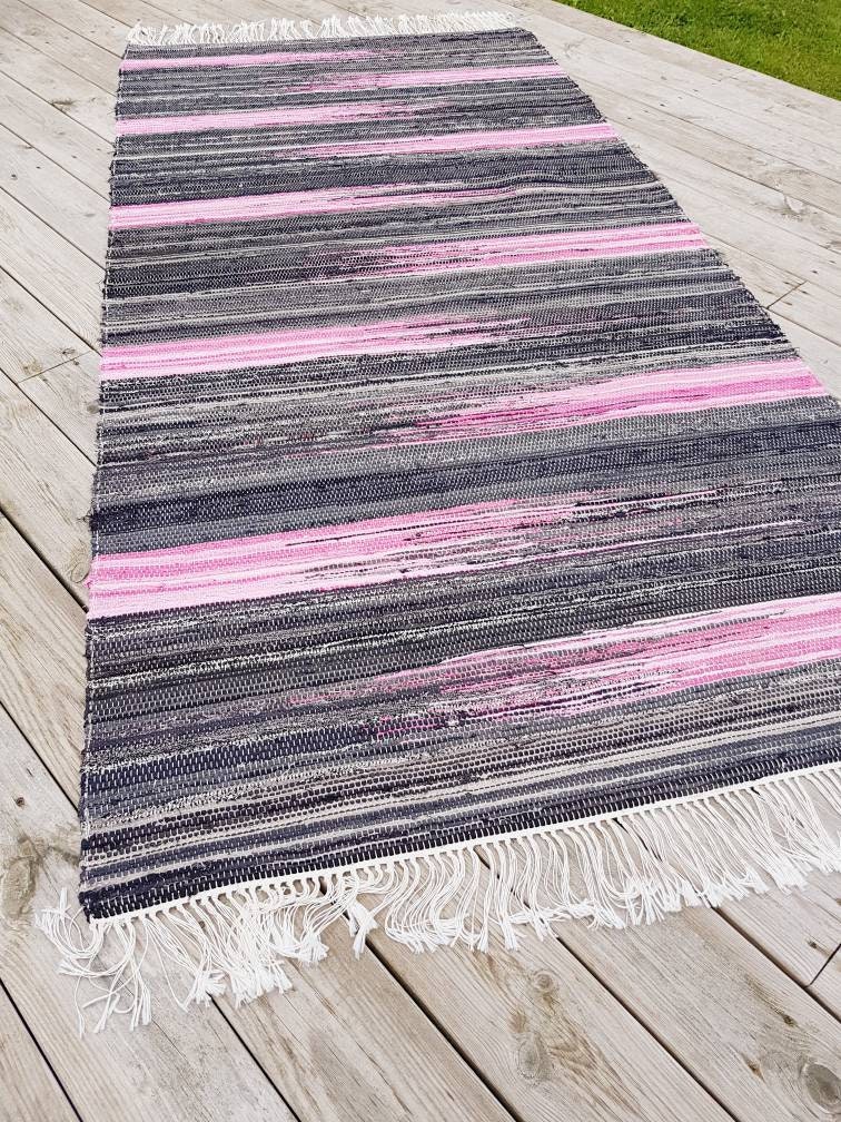Lovely Swedish Handwoven Black/pink Rag Rug / Carpet / Teppich | Etsy