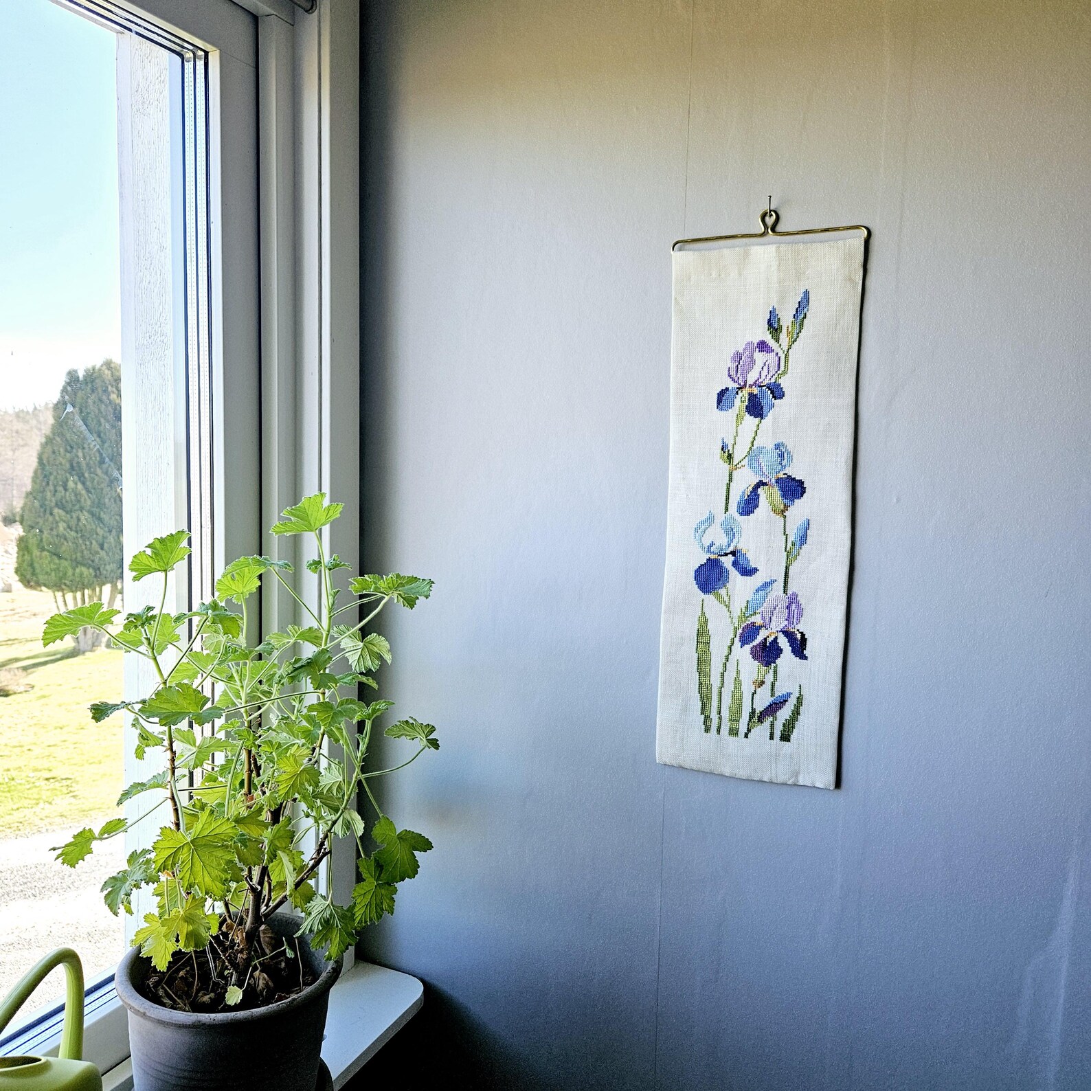 Vintage Cross Stitch Linen Wall Hanging: Iris Floral Embroidery - Etsy