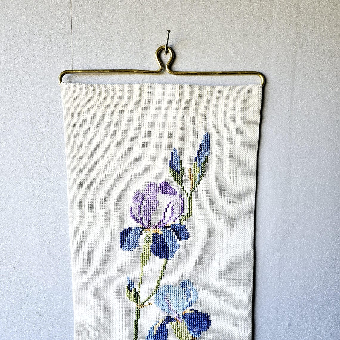 Vintage Cross Stitch Linen Wall Hanging: Iris Floral Embroidery - Etsy
