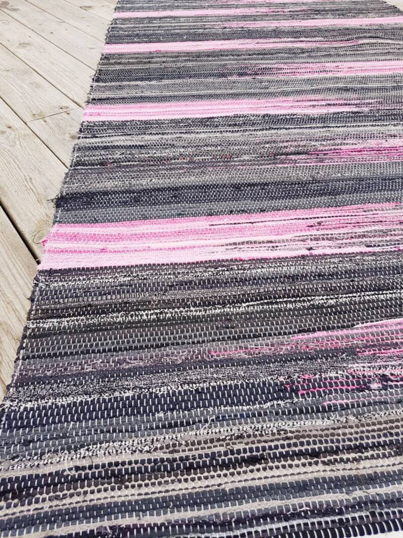 Lovely Swedish Handwoven Black/pink Rag Rug / Carpet / Teppich - Etsy