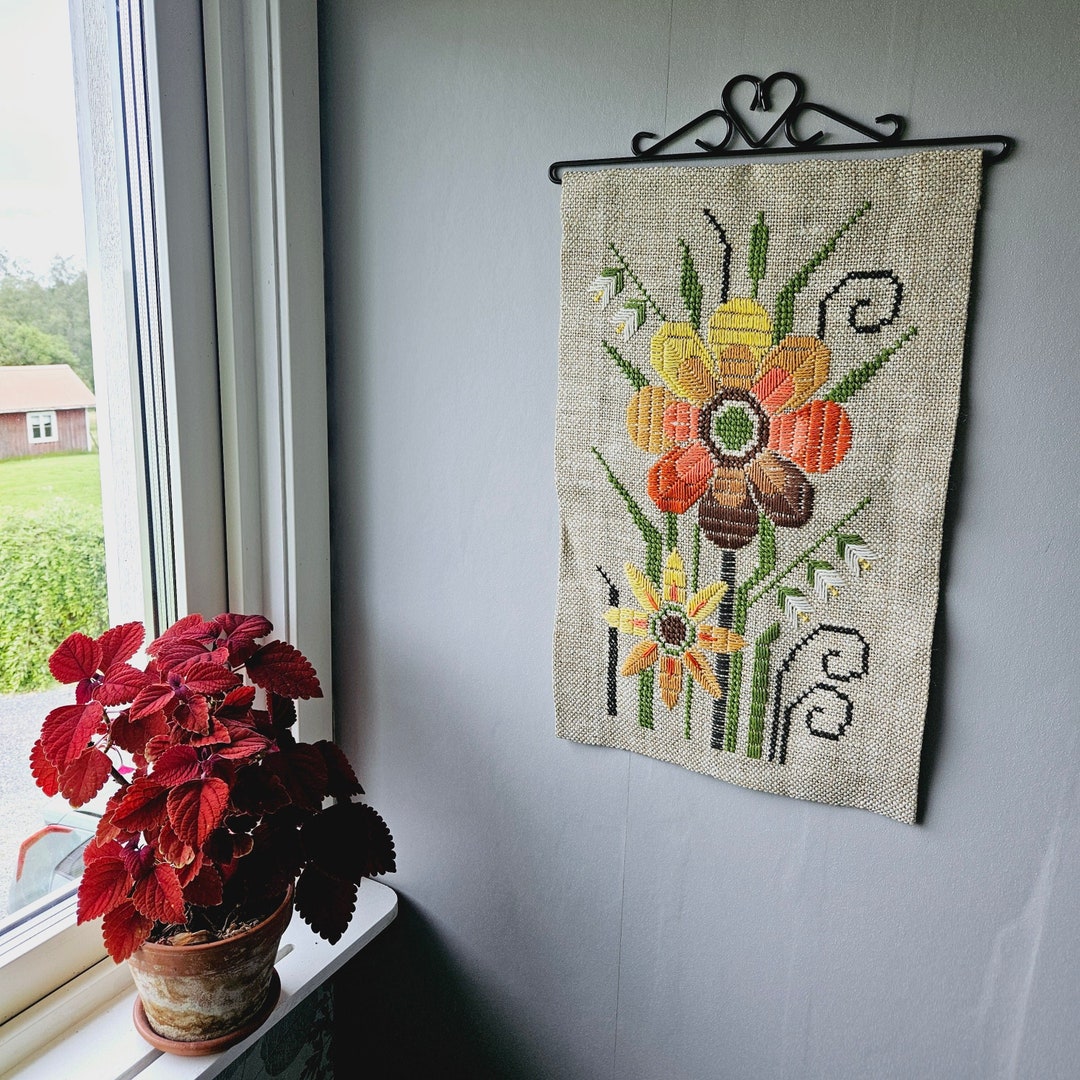 Floral Embroidered Linen Tapestry - Swedish Wall Hanging - Etsy