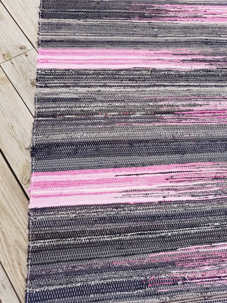 Lovely Swedish Handwoven Black/pink Rag Rug / Carpet / Teppich | Etsy