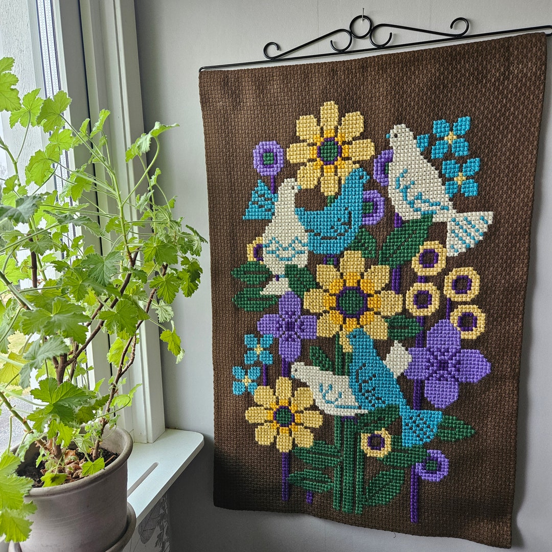 Lovely Big Retro Cross Stitch Floral/birds Embroidered Wall Hanging ...