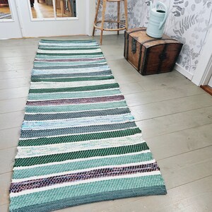 Vintage Swedish Handwoven Rag Rug: Green, Blue, & White (82.5x28 Inch ...