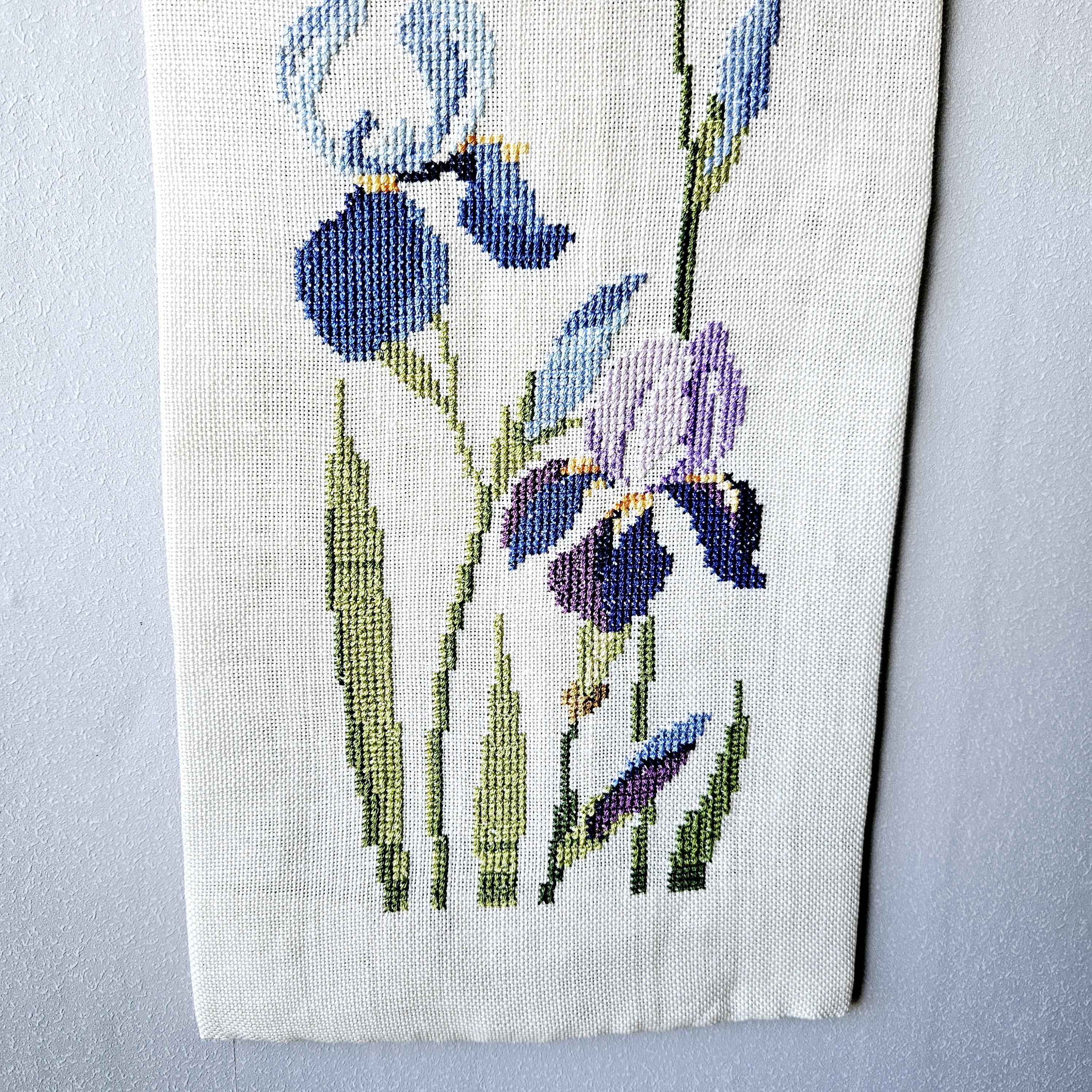 Vintage Cross Stitch Linen Wall Hanging: Iris Floral Embroidery - Etsy