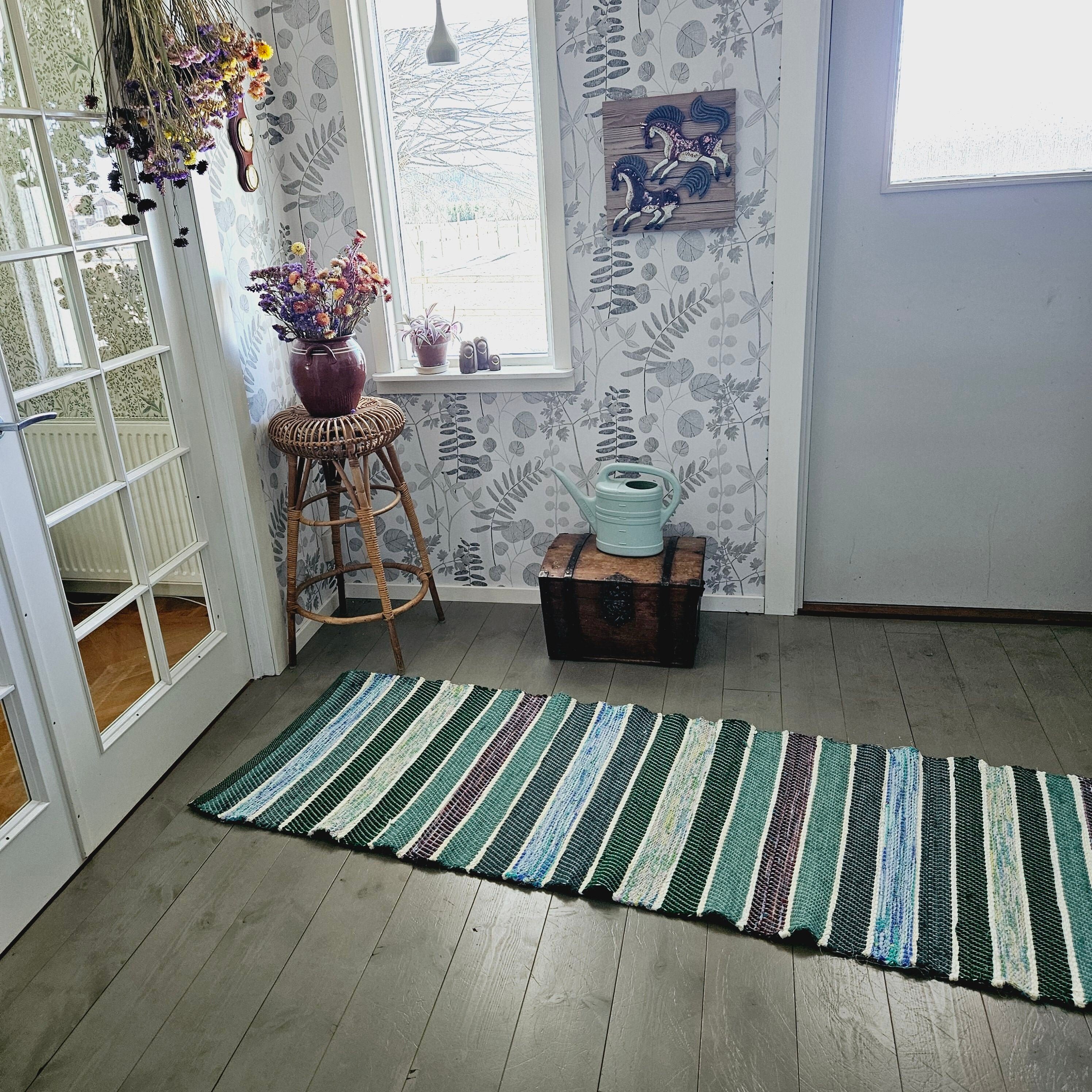 Vintage Swedish Handwoven Rag Rug: Green, Blue, & White (82.5x28 Inch ...
