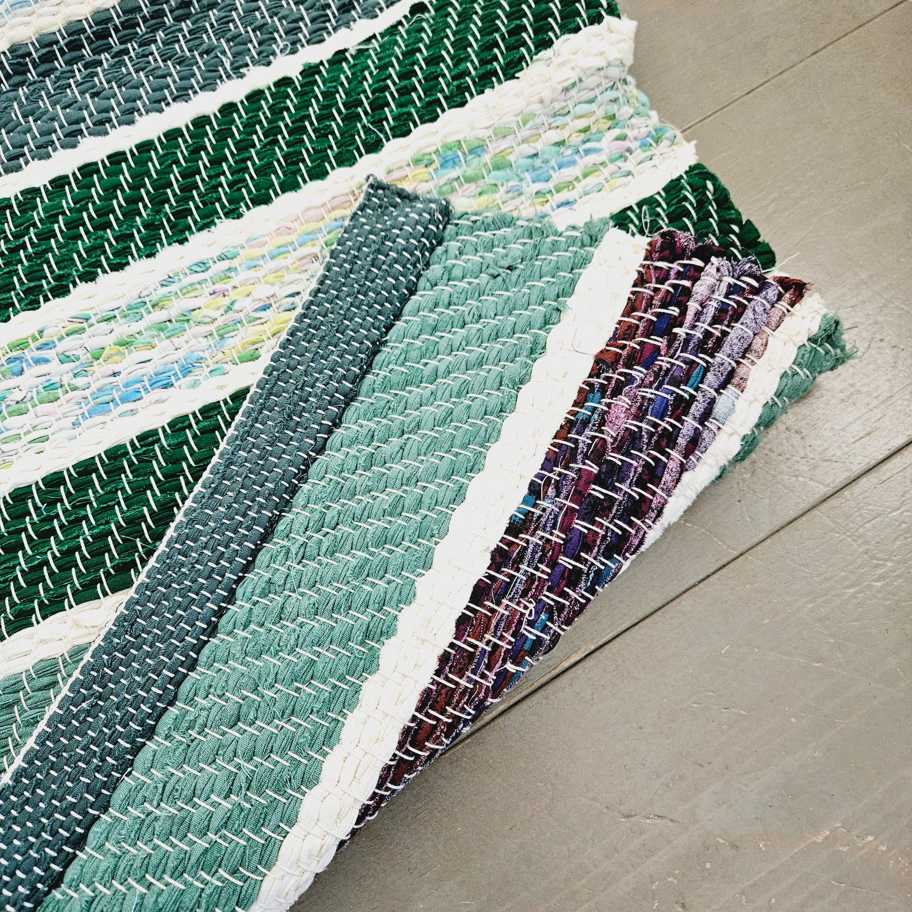 Vintage Swedish Handwoven Rag Rug: Green, Blue, & White (82.5x28 Inch ...