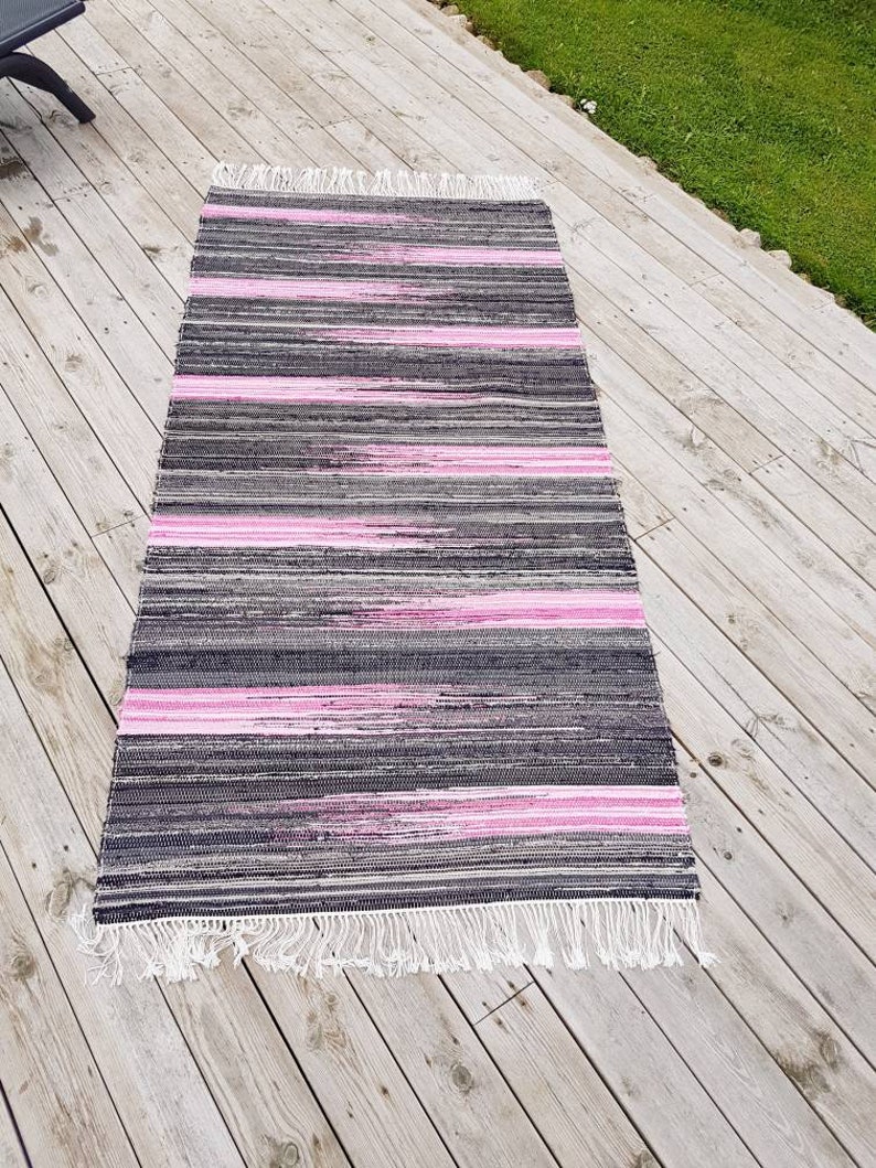 Lovely Swedish Handwoven Black/pink Rag Rug / Carpet / Teppich - Etsy