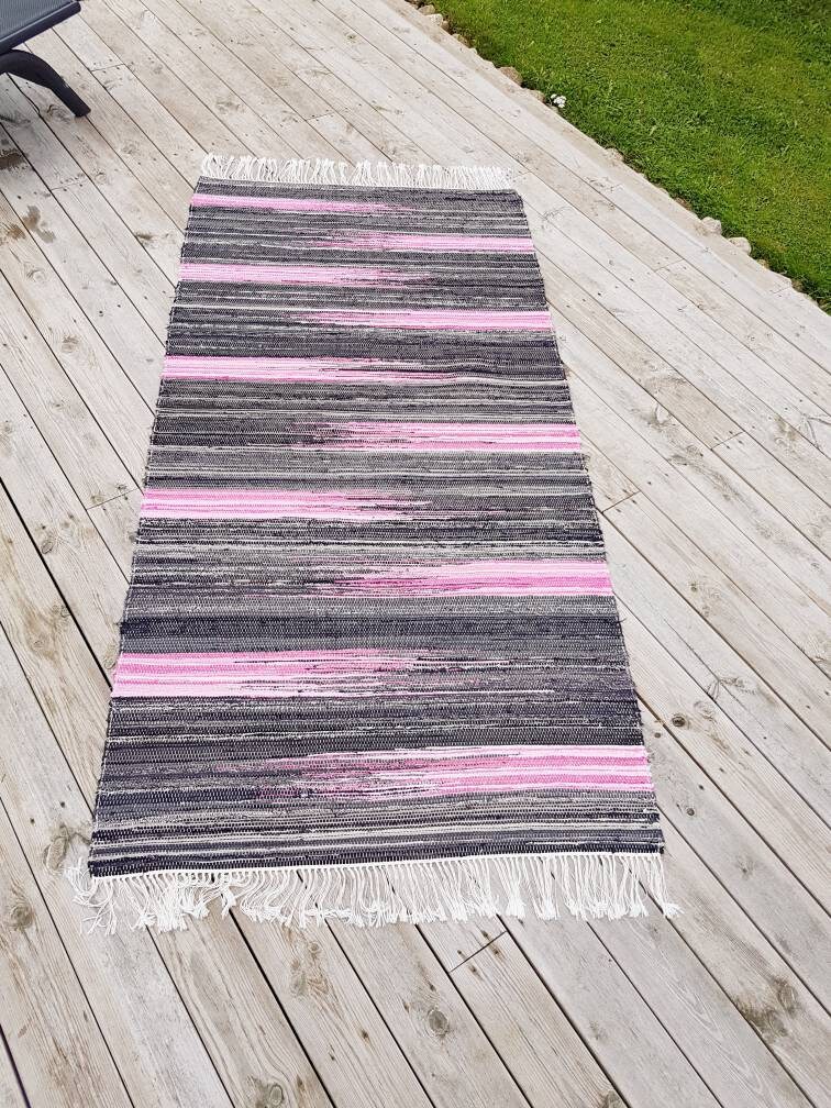 Lovely Swedish Handwoven Black/pink Rag Rug / Carpet / Teppich | Etsy