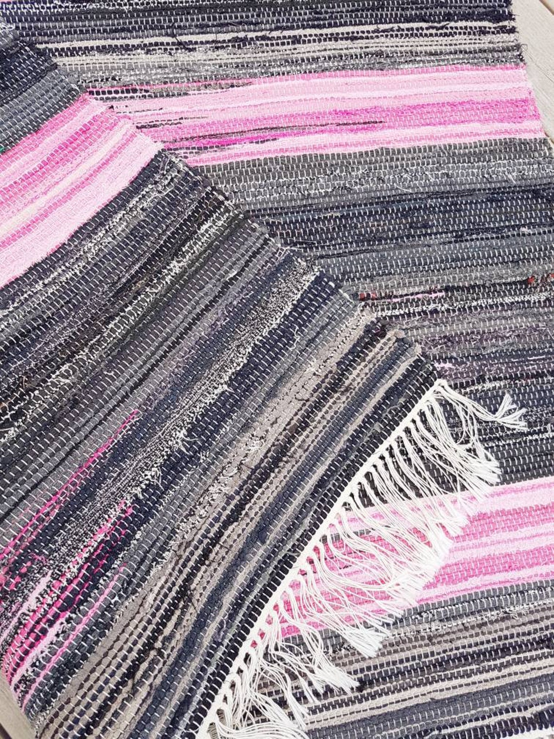 Lovely Swedish Handwoven Black/pink Rag Rug / Carpet / Teppich - Etsy