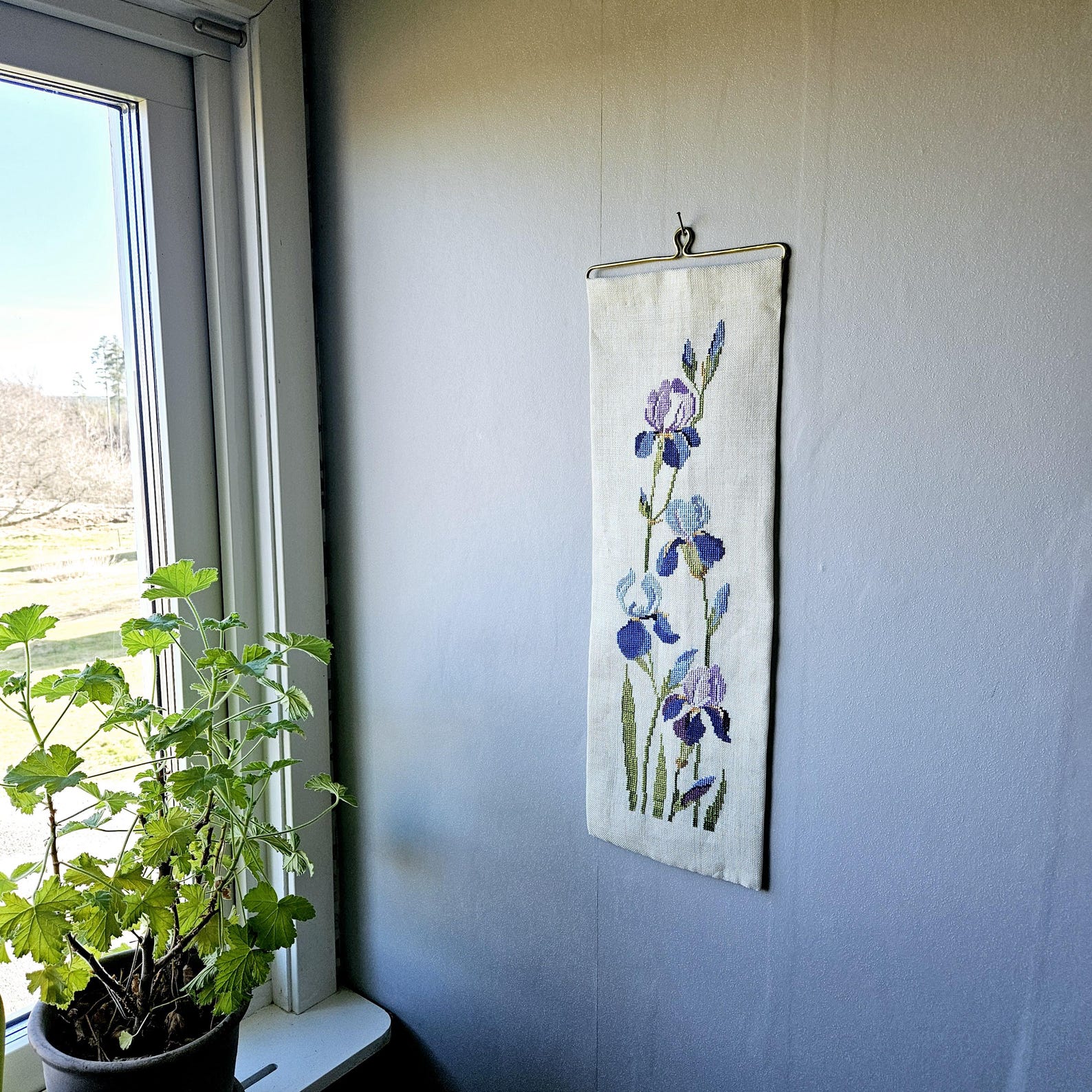 Vintage Cross Stitch Linen Wall Hanging: Iris Floral Embroidery - Etsy