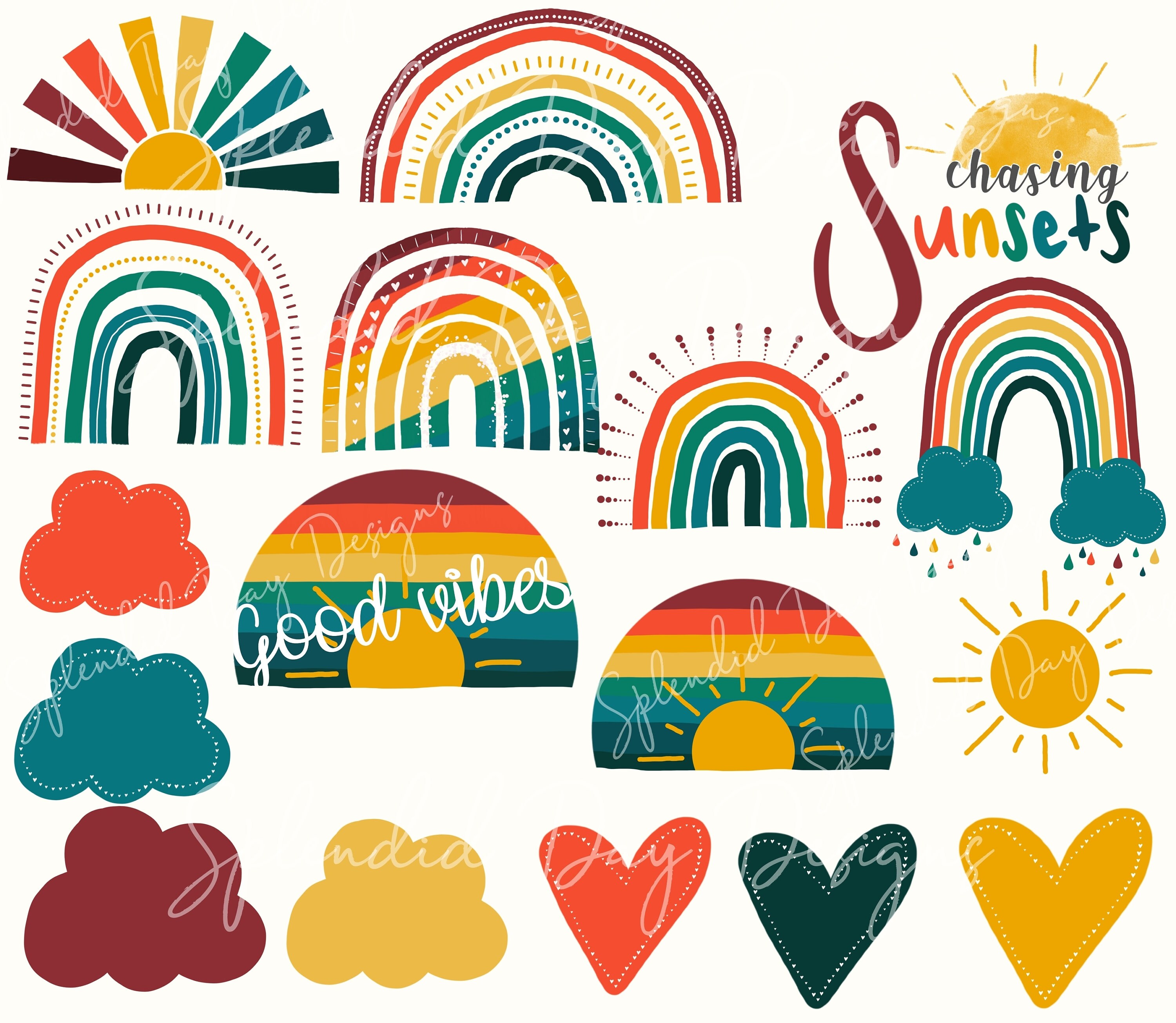 Retro Sunset Rainbow Clip Art Warm Fall Rainbow Heart Sun - Etsy