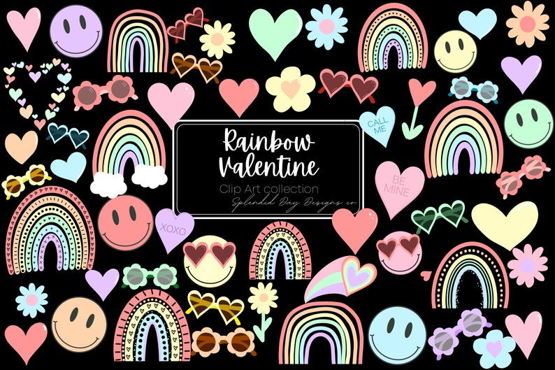 Rainbow Valentine Clipart Valentines Day Clip Art Groovy - Etsy