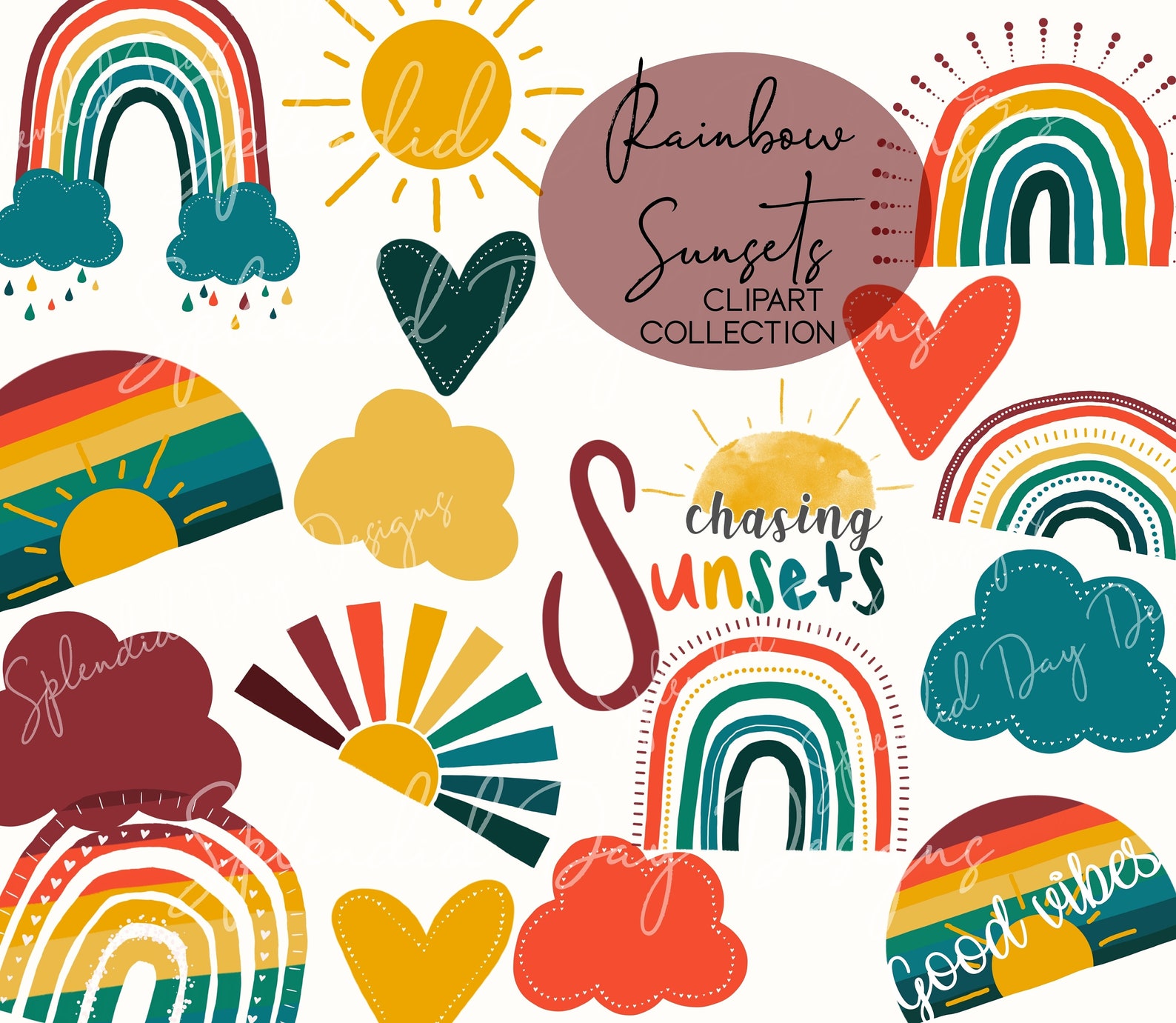 Retro Sunset Rainbow Clip Art Warm Fall Rainbow Heart Sun - Etsy