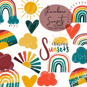Retro Sunset Rainbow Clip Art, Warm Fall Rainbow, Heart, Sun, Nursery ...