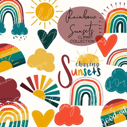 Retro Sunset Rainbow Clip Art Warm Fall Rainbow Heart Sun - Etsy