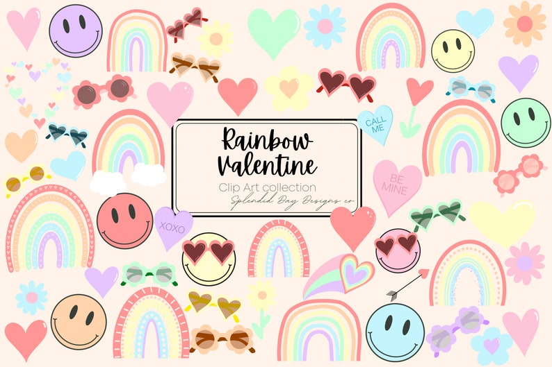 Rainbow Valentine Clipart Valentines Day Clip Art Groovy - Etsy