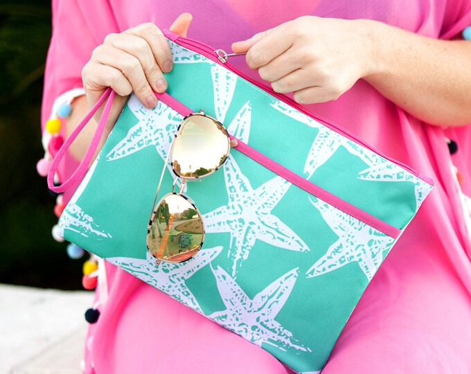 Personalized Starfish Wristlet Mint Sea Star Hot Pink Trim Zippered ...