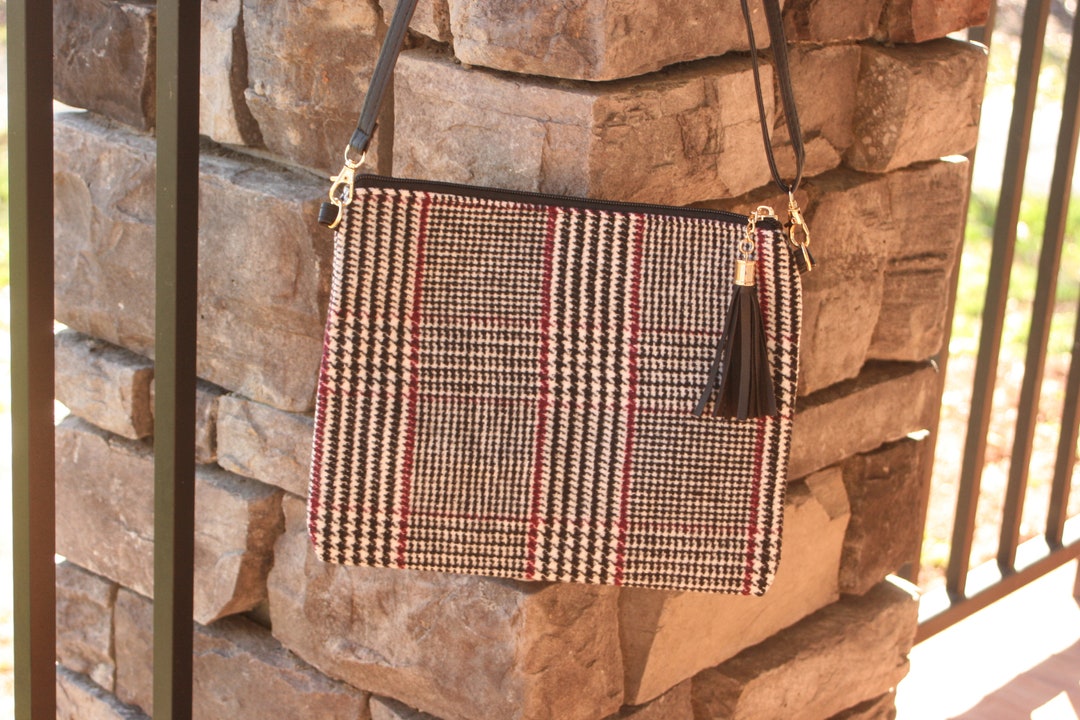 Personalized Wool Plaid Purse Monogrammed Black White and Burgundy ...