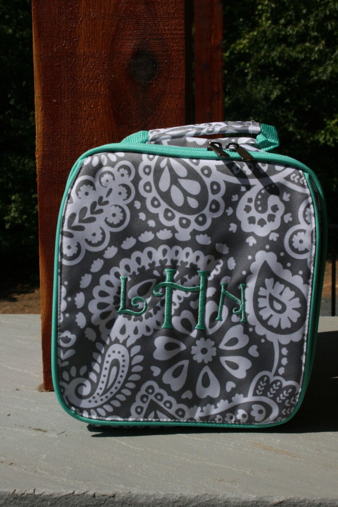Monogrammed Lunch Bag Gray Paisley Mint Trim - Etsy