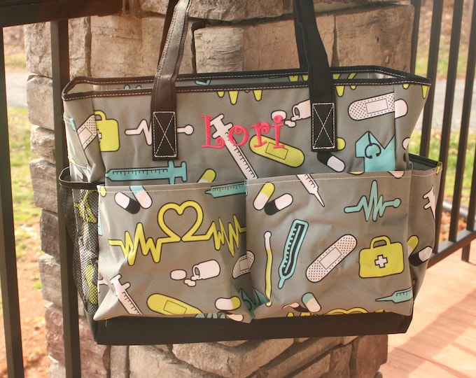 Personalized Large Gray Utility Tote | Nurse Tote Bag | Organizer Bag ...