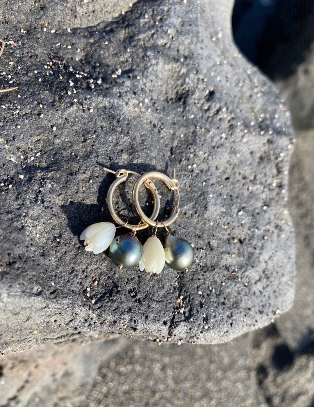 14k Gold Fill Interchangeable Hoops With Tahitian Pearls & MOP Pikake ...