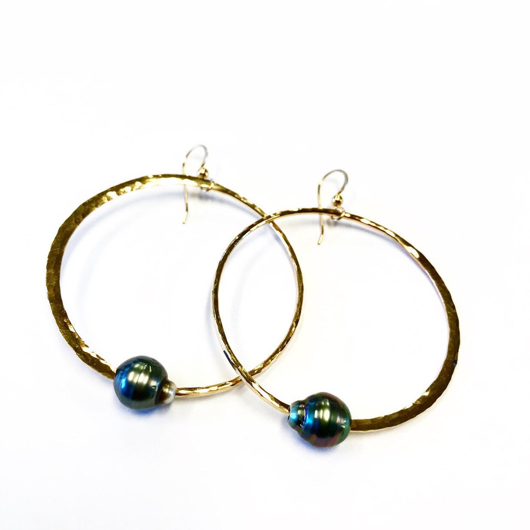 Sparkly Hammered Crescent Moon Hoops Featuring Floating Tahitian Pearls ...