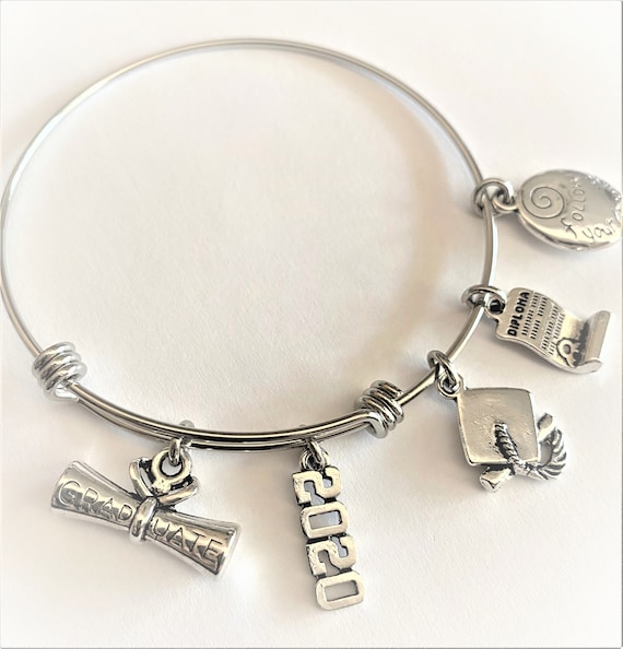 Graduation Theme Adjustable Stainless Steel Charm Bangle Charm Bracelet Gift for Her Graduate Student Daughter