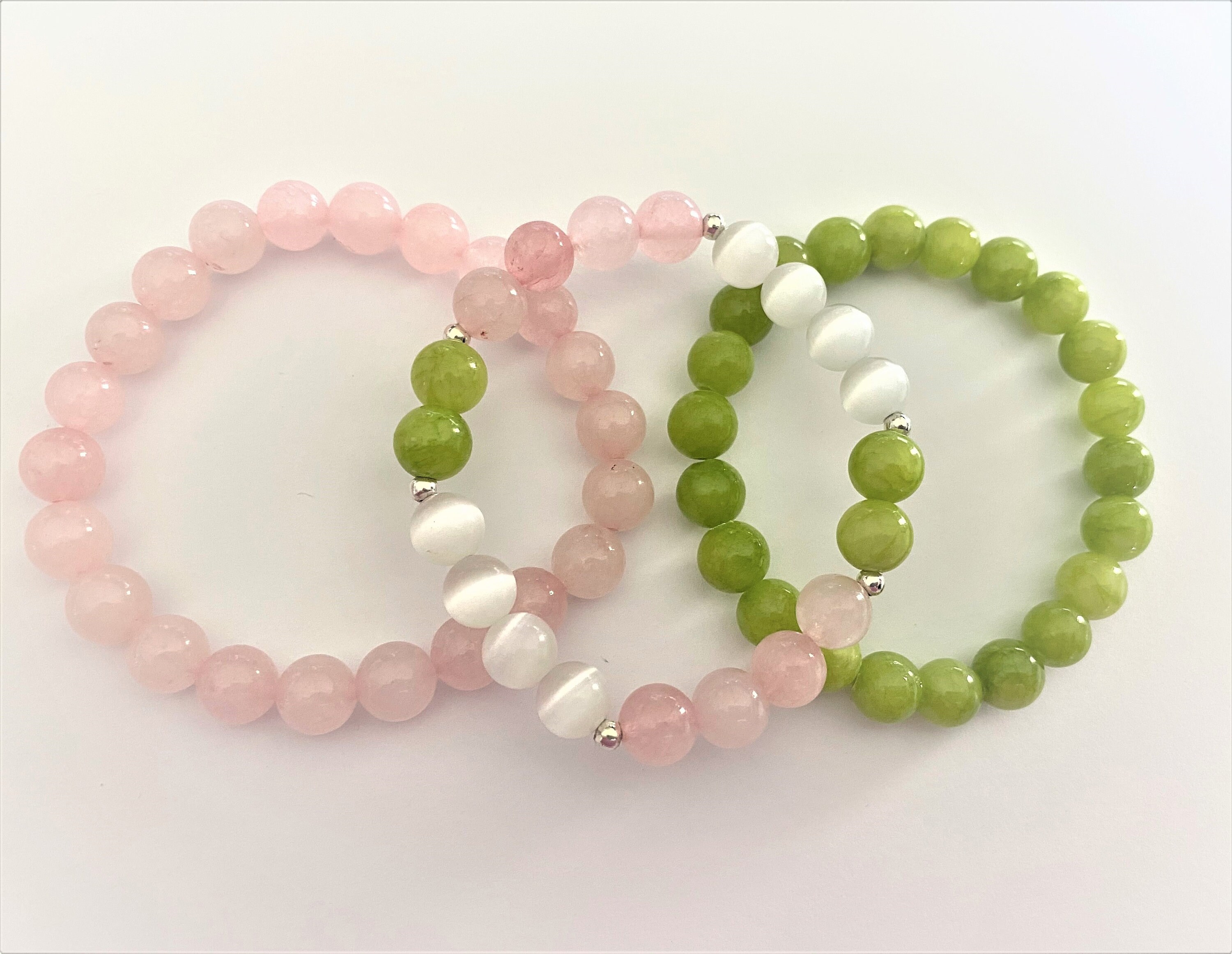 Genuine Jade Gemstone Bracelet Set, Pink, Green, Cats Eye Quartz ...