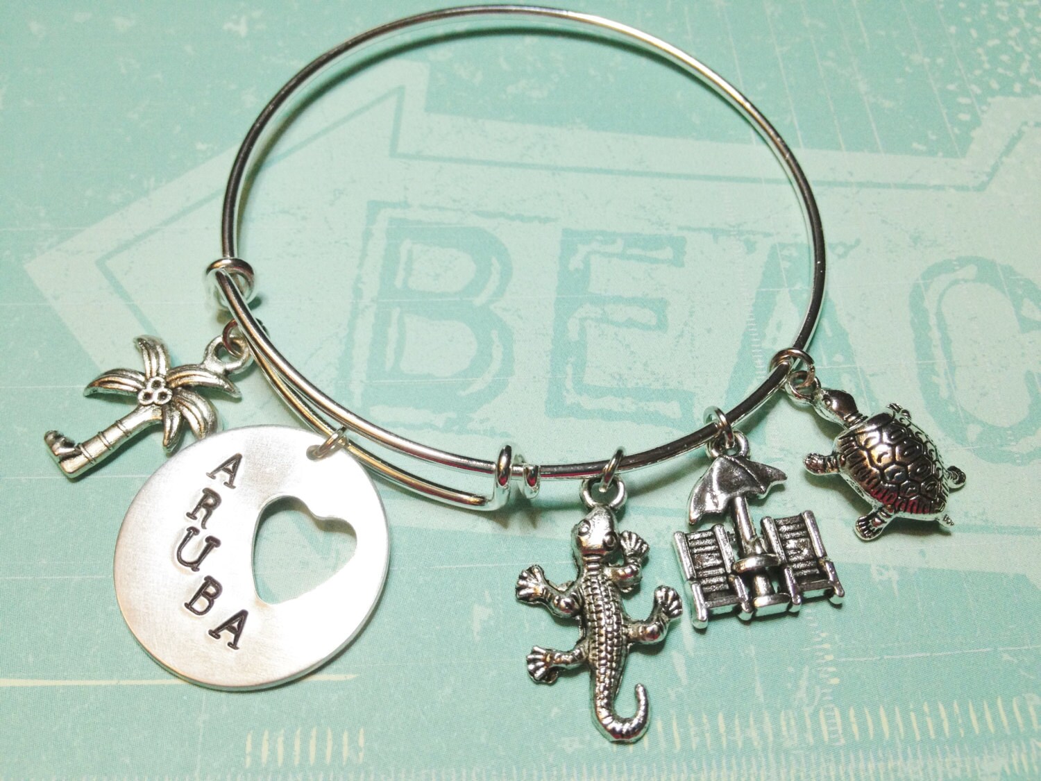Aruba Beach Theme Adjustable Charm Bangle, Stainless Steel, Women's ...