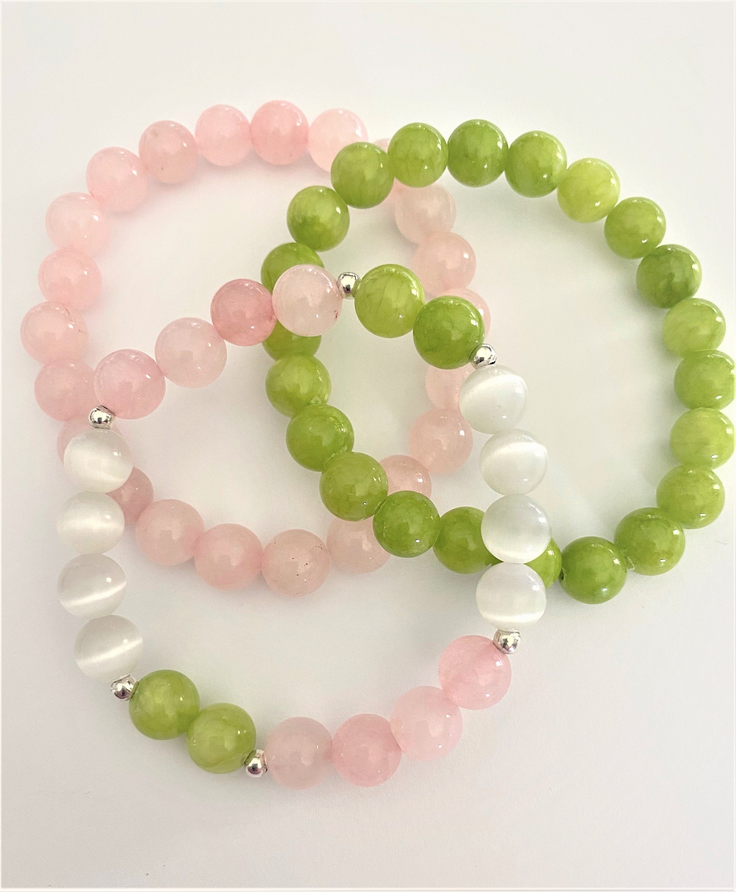 Womens Bracelet Set Genuine Jade Gemstone Pink Green Cats | Etsy
