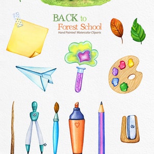 School Watercolor Clipart, Back to Forest Education School Supplies ...