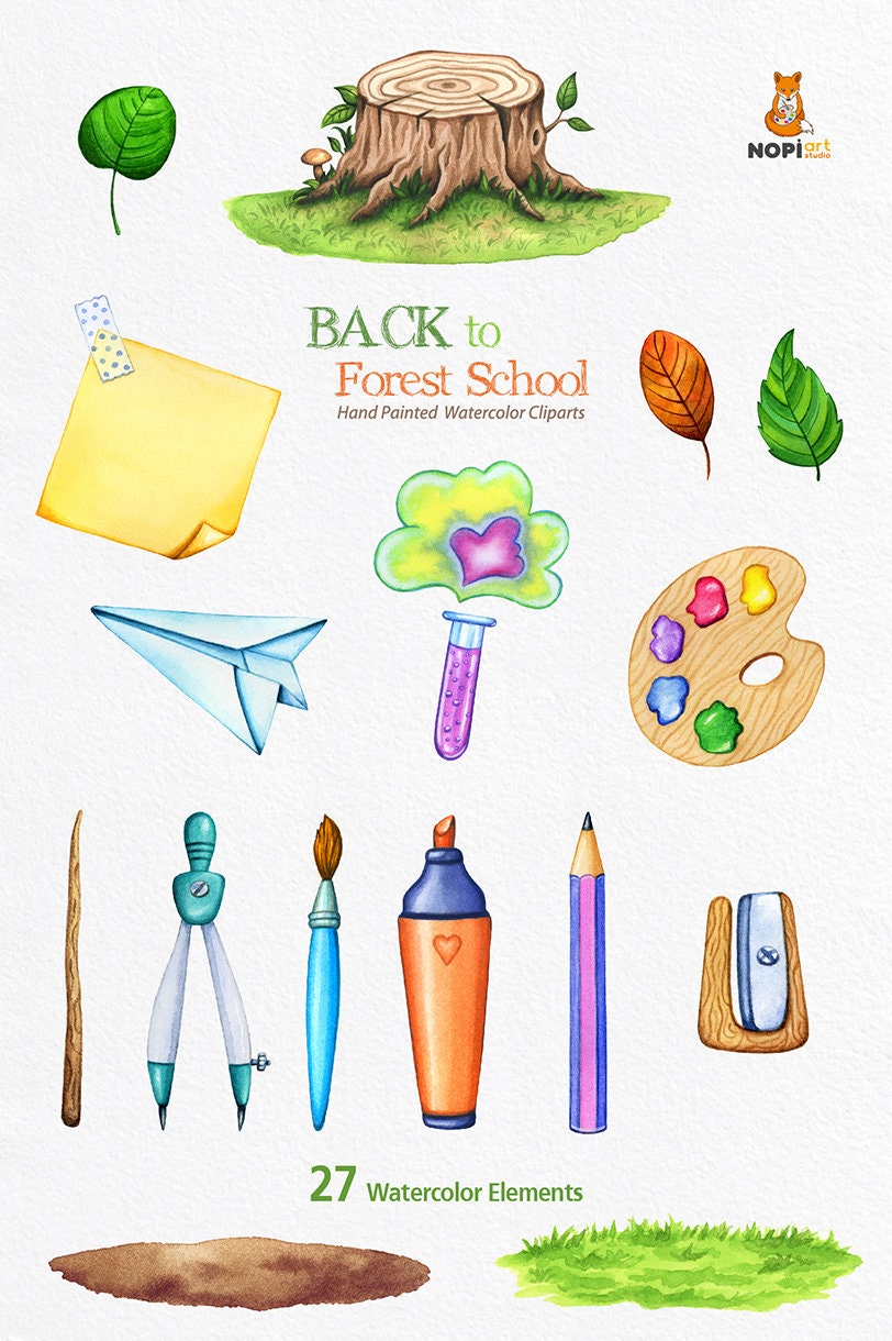School Watercolor Clipart, Back to Forest Education School Supplies ...