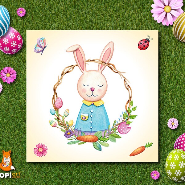 Easter Bunny Card, Printable Digital Card, Happy Easter, Cute Rabbit ...