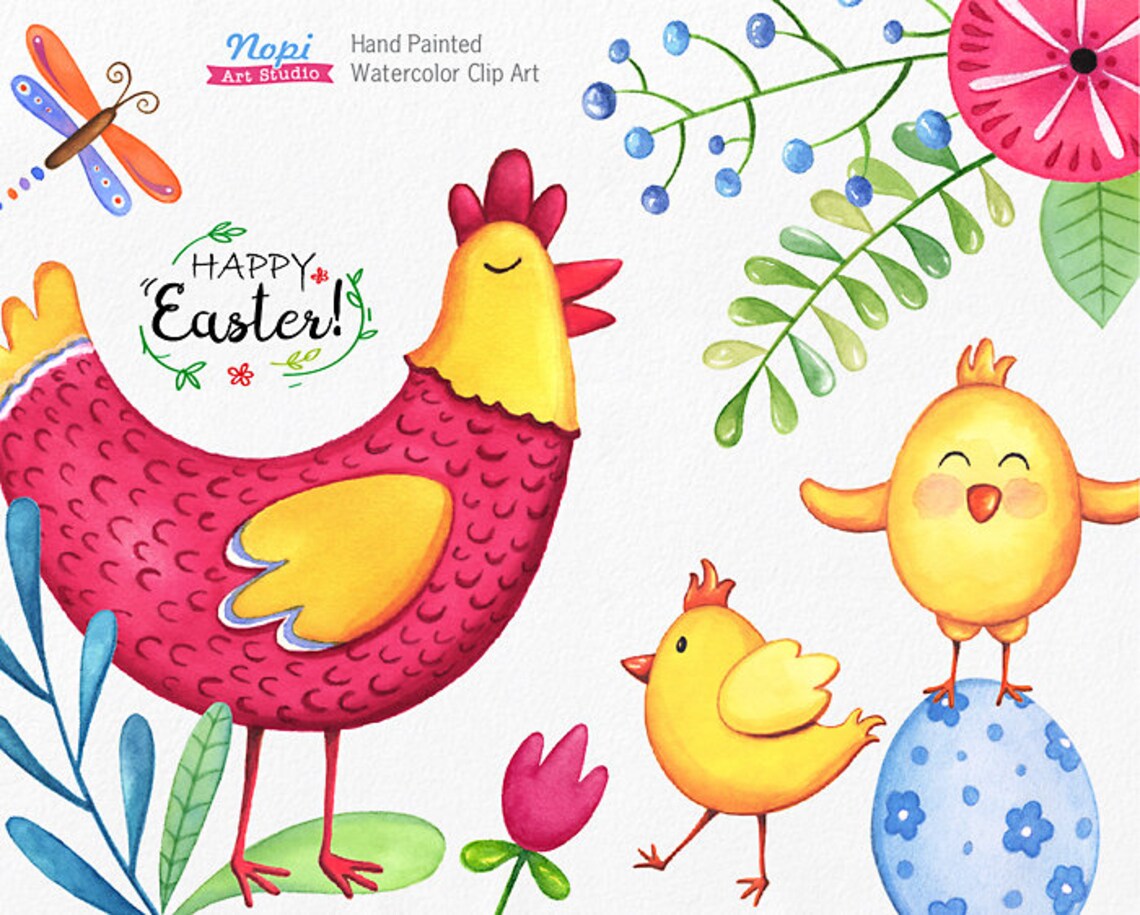 Easter Watercolor Clip Art, Easter Chicken, Egg, Chick, Spring Flowers ...