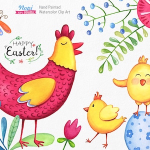 Easter Watercolor Clip Art, Easter Chicken, Egg, Chick, Spring Flowers ...