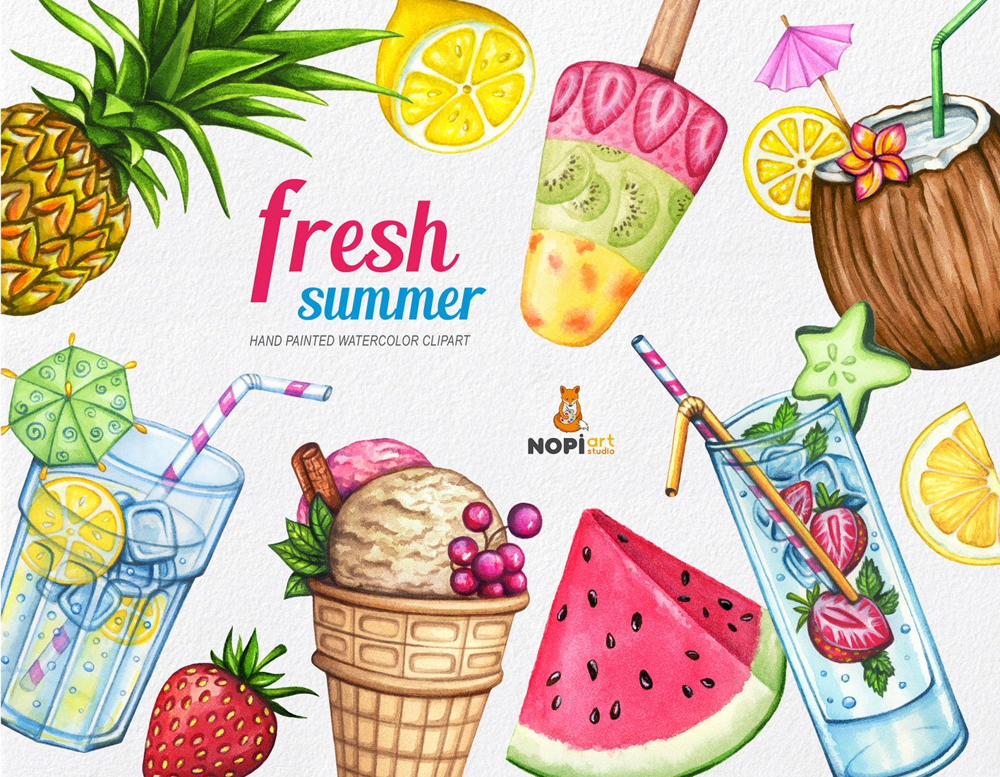 Summer Watercolor Clipart Fresh Fruits Ice Cream Cocktail Party, Food ...