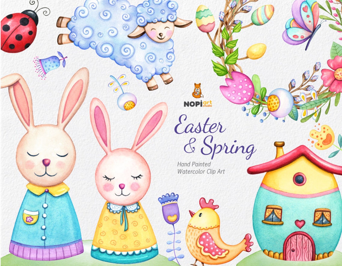 Watercolor Easter Clipart, Cute Easter Bunny, Easter Wreath Flowers ...